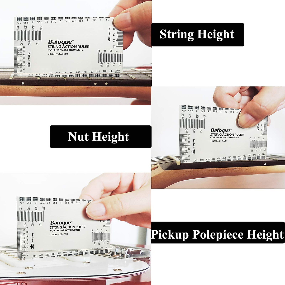 Baroque String Action Gauge Precise Guitar Ruler Set Up Tool Kit for Electric Bass and Acoustic Guitar