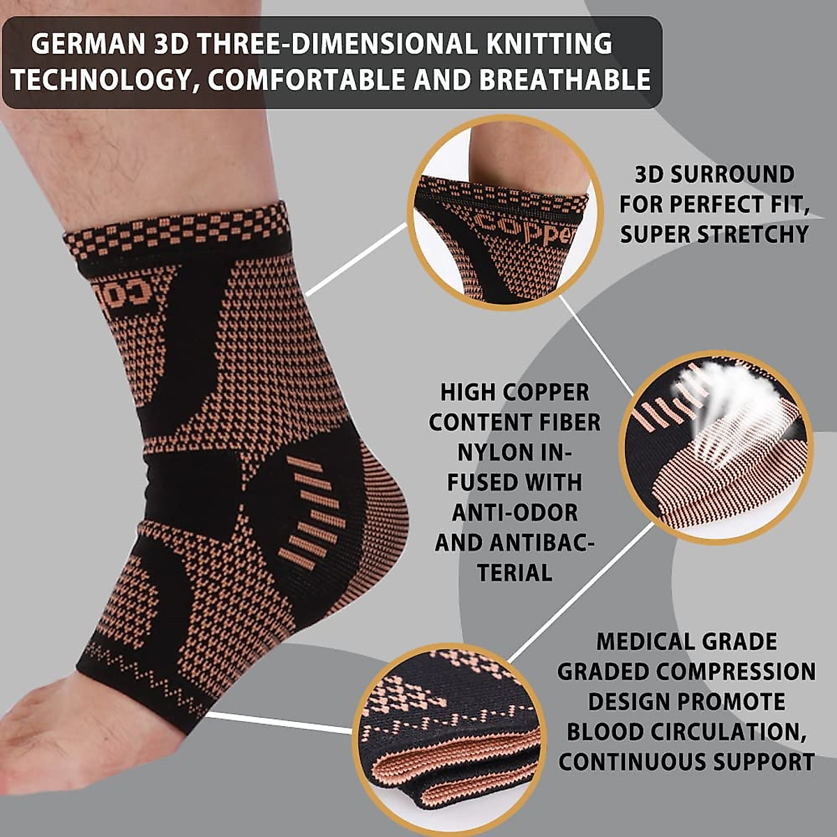 Copper Ankle Brace, Copper Infused Ankle Support Compression Sleeve for Men & Women, for Foot Pain Relief, Plantar Fasciitis, Sprained Ankle, Achilles Tendonitis,Recovery, Daytime or Night Use(L)