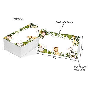 Table Place Card, Jungle Safari Animals Themed Tent Style Cards, Pack of 25 Half-Fold Reception Place Card, Wild Animal Food Labels, Perfect for Baby Shower, Birthday Party C04