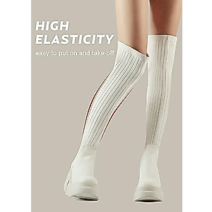 Shoe'N Tale Thigh High Knit Sock Boots Round Toe Mid Chunky Heel Stretch Over the Knee Boots for Women(7,Cream-unique Heel)