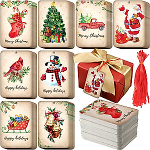 120 Pack Vintage Christmas Tags with Red Ribbon Paper Gift Tags Stocking Truck Brown Tags for Christmas Gift Wrapping Home Decor Holiday Arts and Crafts Decorations Supplies (Classic Style)