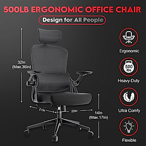 LaoJawBow Ergonomic Office Chair - 500LB Comfy Desk Chairs with Headrest and Lumbar Back Support, Heavy Duty Mesh Computer Chairs with Wheels and Arms for Home Office, Study, Bedroom and College Dorm
