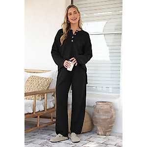 PRETTYGARDEN Women's 2 Piece Tracksuit Outfits 2024 Fall Knit Sweater And Wide Leg Pants Sweatsuit Lounge Sets (Black,Large)
