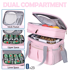 Hedcaw Lunch Box for Women Double Deck Insulated Lunch Bag Women Expandable Leakproof Reusable Lunch Cooler for Work, Office, Picnic, Pink