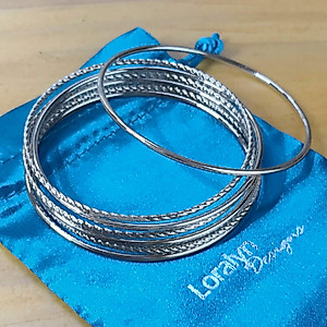 Loralyn Designs Thin Silver Stainless Steel Textured Bangle Bracelet Set of 7 (L - 9")