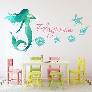Girls Custom Personalized Watercolor Name Mermaid and Shells Nursery Decor Wall Decal Stickers (Medium)