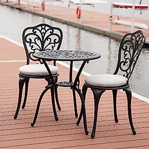 Withniture 3 Piece Bistro Patio Set Cast Aluminum Bistro Table and Chairs Set of 2 with Cushion,Outdoor Bistro Table Set with Umbrella Hole,All Weather Patio Furniture Set for Garden,Black