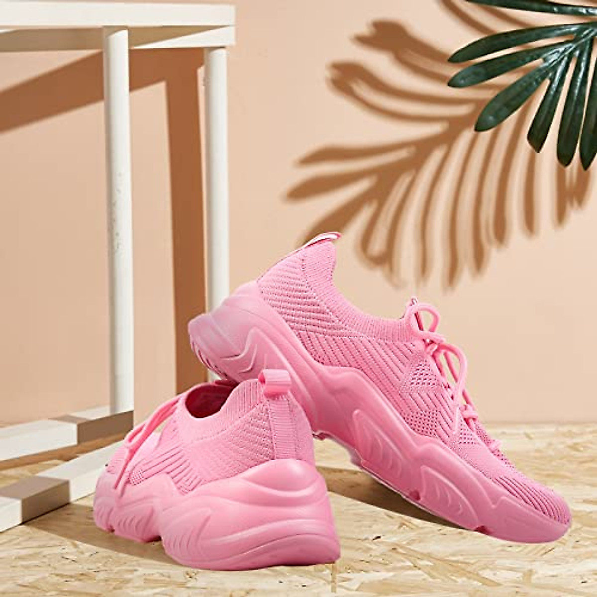 Hasina Womens Walking Shoes Slip On Mesh White and Hot Pink Sneakers Lightweight Breathable Comfortable Casual Running Shoes （Pink,7）