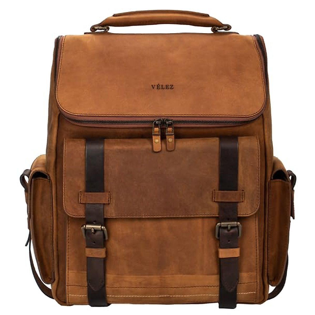 VELEZ Top Grain Leather Backpack for Men - 15 Inch Laptop Bag - Brown Designer Bookbag - Archaeology Vintage Travel Rucksack - Casual Daypack for Women