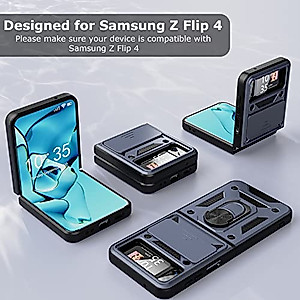 Compatible for Samsung Z Flip 4 Case with Slide Camera Cover Shockproof Galaxy Z Flip 4 Case Ring Kickstand Magnetic Polycarbonate Cover Case for Samsung Flip Z 5G Case-Blue