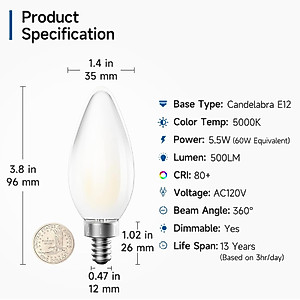 SHINESTAR 6-Pack E12 LED Bulb Dimmable, Daylight White 5000K, Candelabra LED Light Bulbs 60 Watt, Small Base Candle Bulb for Chandelier, Frosted Glass