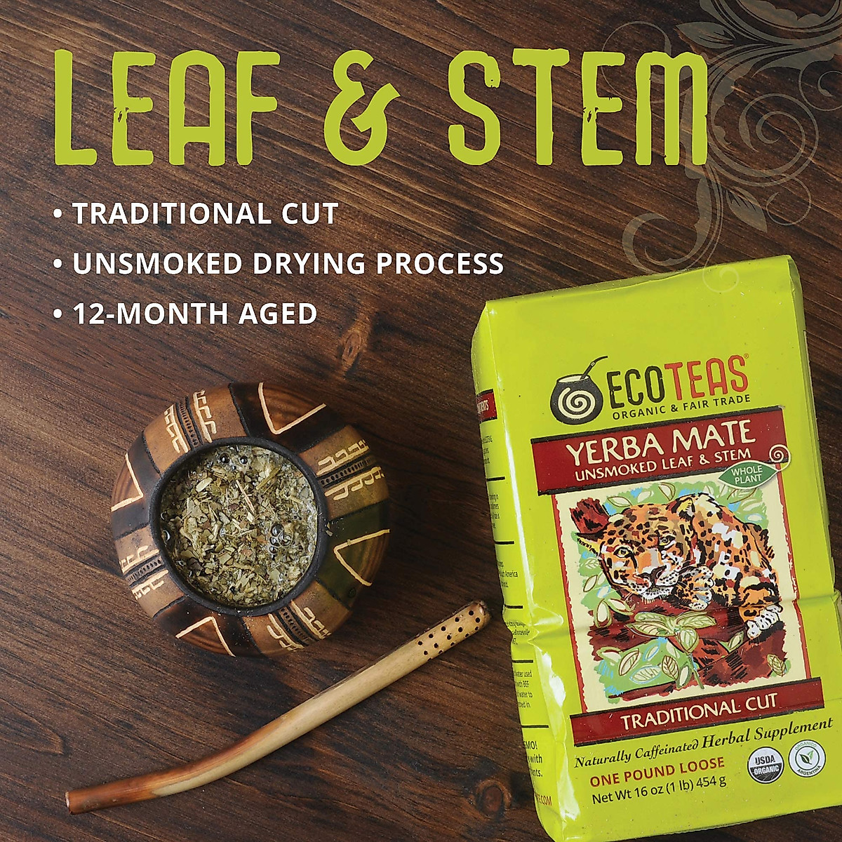 ECOTEAS - Organic Yerba Mate Loose Tea Traditional Cut - 1 Lb - Detox Tea -Yerba Mate Tea - Hi Caf Tea - Yerba Mate Energy Burst - Ecoteas Yerba Mate