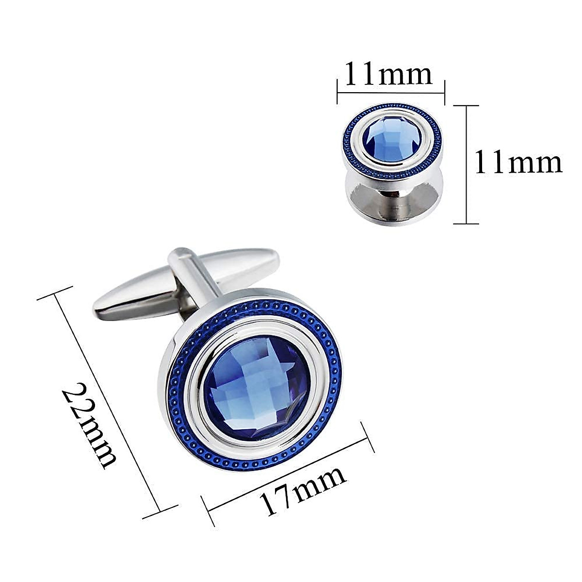 Crystal Cufflinks and Studs Sets for Men's Tuxedo Shirts with Gift Box - One Pair Cufflinks with 6 pcs Studs - Blue