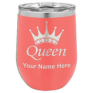 LaserGram Double Wall Stainless Steel Wine Glass Tumbler, Queen Crown, Personalized Engraving Included (Coral)