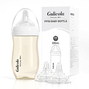 Gulicola Newborn Breastfeeding Baby Bottle with Extra Slow Flow Nipples, 0 Months+, Anti Colic, BPA Free PPSU, 7 oz - Clear