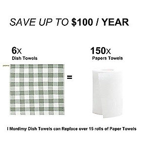 PiccoCasa 100% Cotton Dishcloths Set of 6, 13 x 13 Inch, Soft Absorbent Drying Kitchen Washcloths, Plaid Gingham with Hang Loop - Green