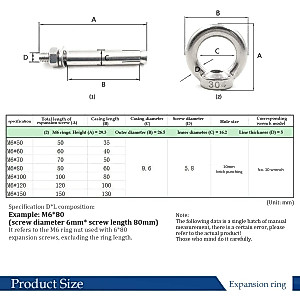 Expansion Screw, Stainless Steel Expansion Bolts, Screws, Screws, M6 Expansion Bolt - Expansion Screw Eye Bolt Anchor Bolts Concrete Screws Stainless Steel, Silver, M6x120-2pcs (Color : Silver)