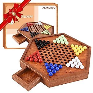 12.7 Inches Wooden Chinese Checkers with Drawers 12 Bonus Spare Marbles| Natural Wooden Board Game| includes 60 Colorful Glass Marbles | Family Board Game for Kids and Adults