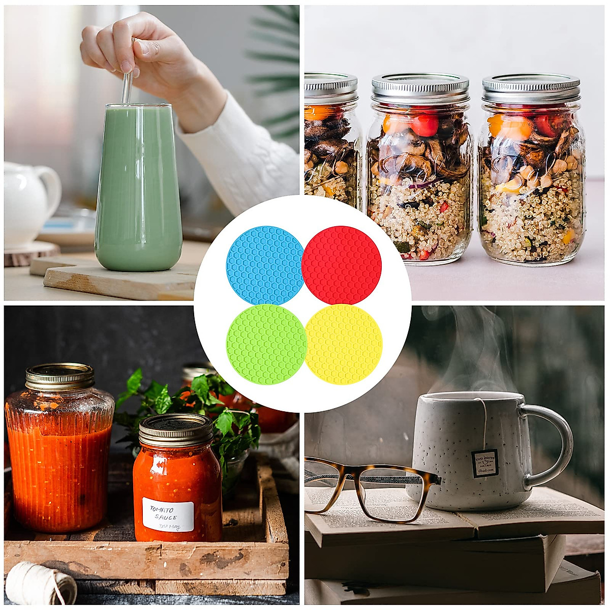 LUTER 4pcs Jar Gripper Pads, Honeycomb Silicone Jar Opener Grippers Multifunctional Round Rubber Jar Gripper Pads for Elderly Kids Arthritic Hands (Multicolor)