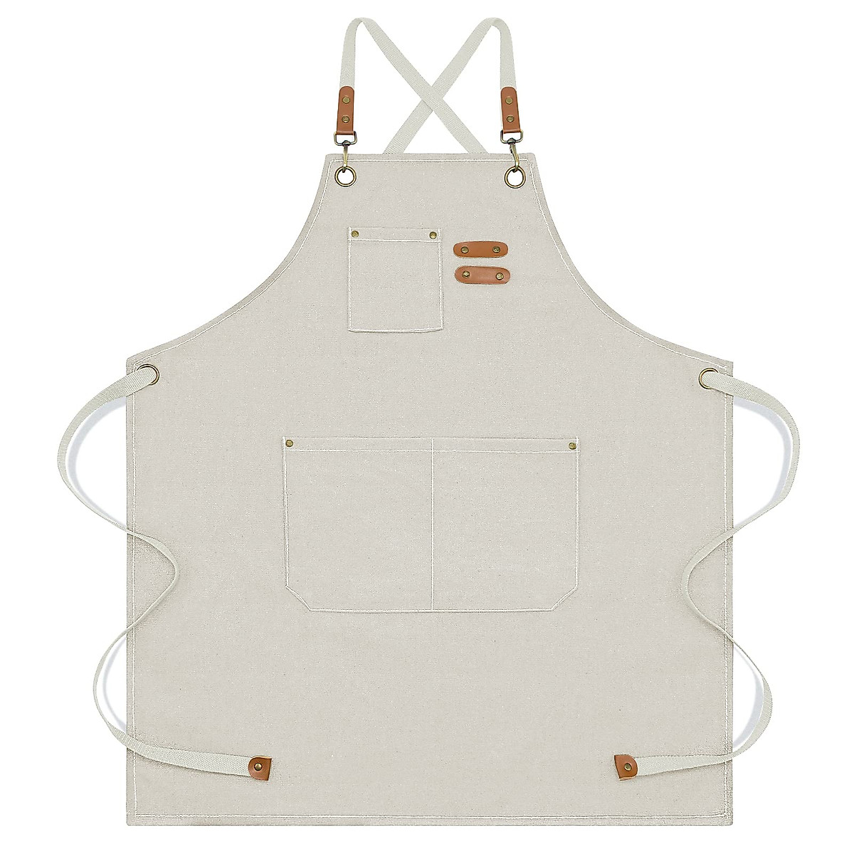 Canvas Chef Apron for Men Women, Cotton Canvas Cross Back Apron with Adjustable Straps and Large Pockets Heavy Duty Work Apron (Beige)