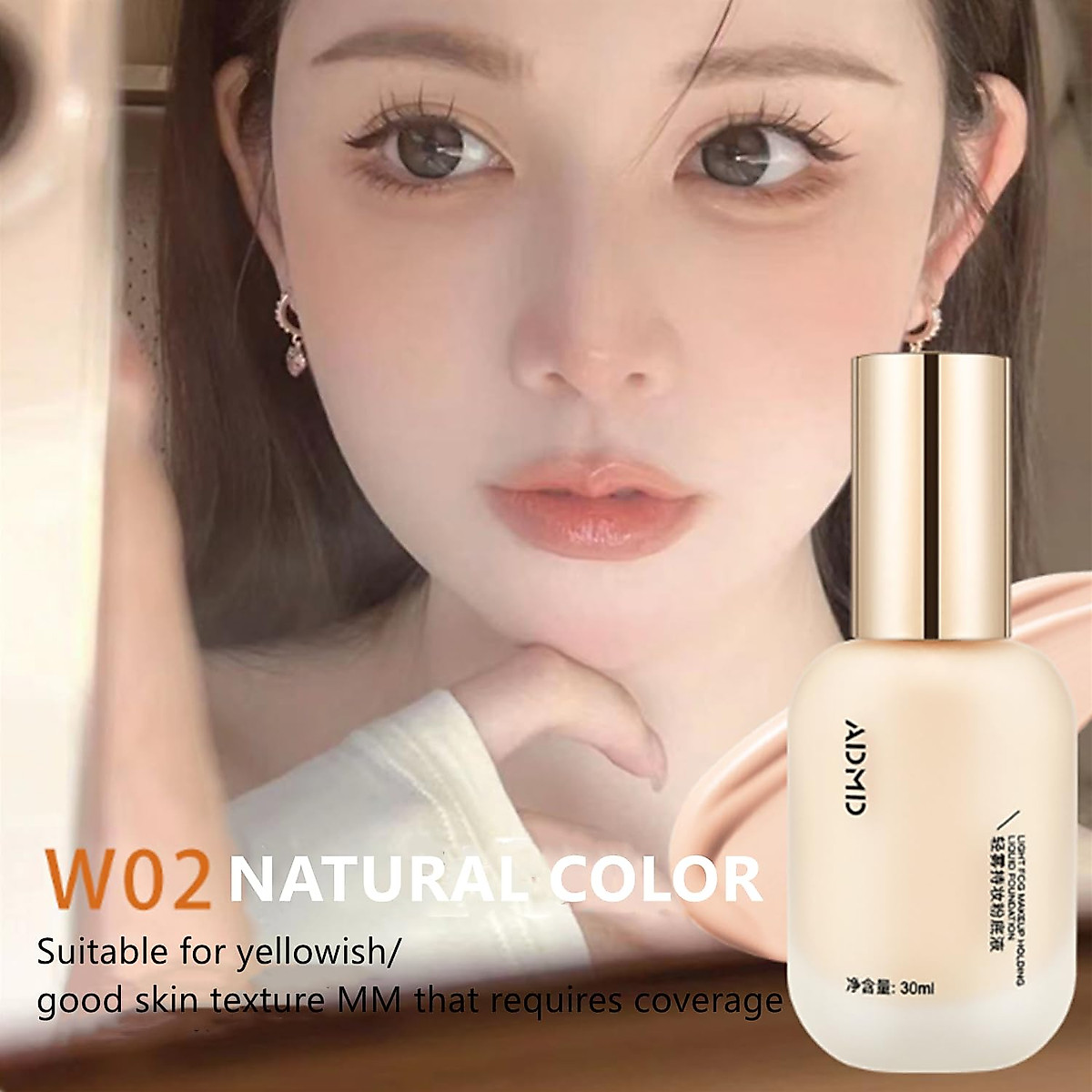 2PC 2023 New ADMD Foundation,admd Liquid Foundation,Hydrating Waterproof And Light Long Lasting Foundation,ADMD Light Fog Makeup Holding Liquid Foundation, Light and Long-Lasting Coverage(#02 Natural)