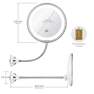 KEDSUM Flexible Gooseneck 6.8" 10X Magnifying LED Lighted Makeup Mirror, Bathroom Magnification Vanity Mirror with Suction Cup, 360 Degree Swivel, Daylight, Battery Operated, Cordless & Travel Mirror