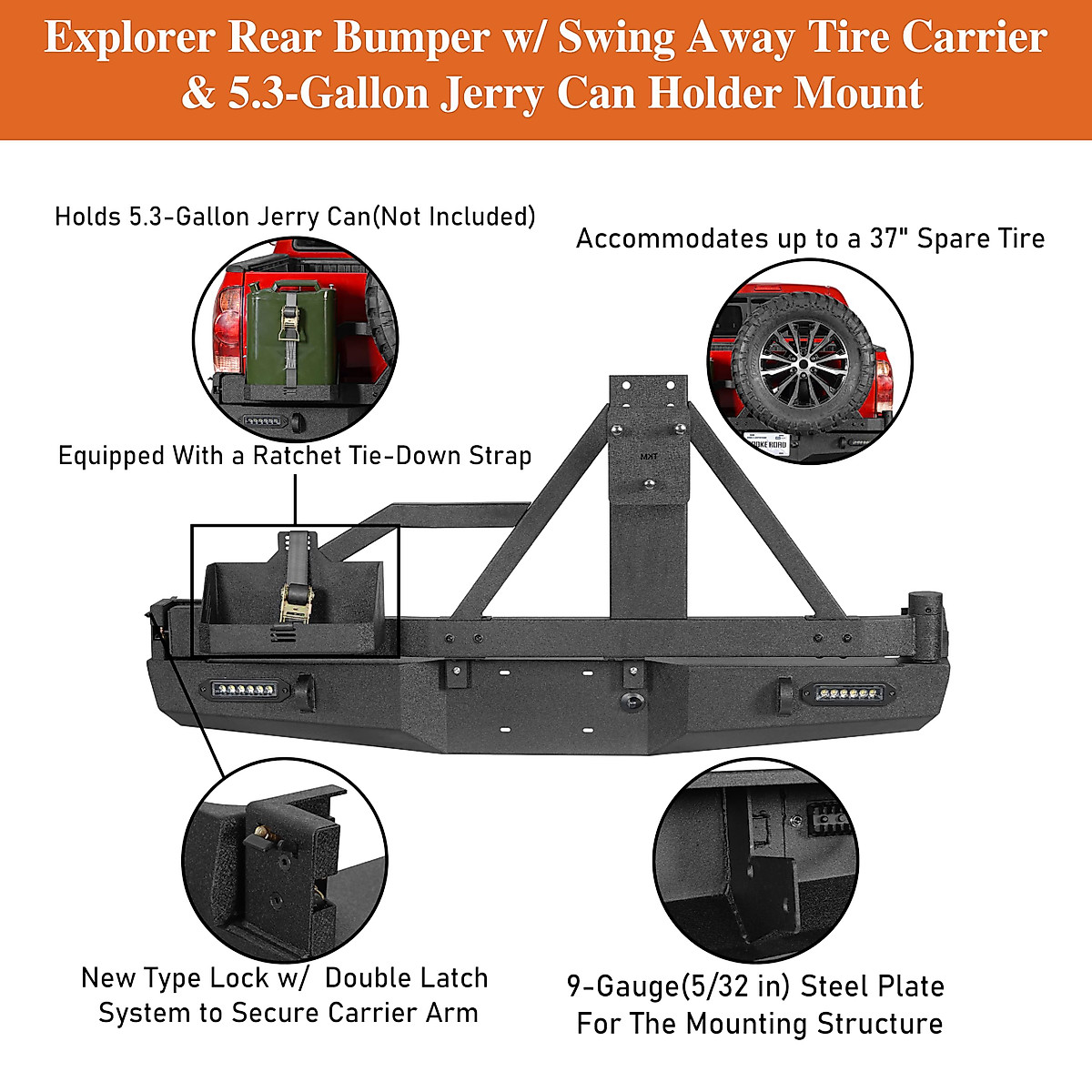 Hooke Road Tacoma Front Bumper & Rear Bumper w/Tire Carrier Combo Compatible with Toyota Tacoma 2005-2011 2nd Gen Pickup Truck (Textured Black Steel)