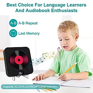 Portable Bluetooth CD Player,Wall Mountable CD Player for Home with Remote Control Dust Cover LCD Display Built-in HiFi Speakers FM Radio,Support CD/MP3/USB/TF/AUX Input Output (Black)