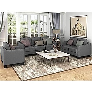 FANYE 3 Pieces Living Room Furniture Sets Include, Loveseat and Armchair, Linen Fabric Upholstered Sectional Classical Rivets Decor and Tufted Back Cushions, Retro Gray Sofa & Couch