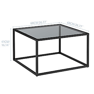 YMYNY Glass Coffee Table, Tempered Glass Square Coffee Tables with Metal Frame, Unique Modern Table for Living Room Home Office 26.77" x 26.77" x 15.75", Black Grey, UHCT001H