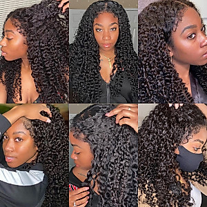 Kun Gang 180% Density Kinky 4C Curly Edges Wig Hairline 13X4 Lace Front Wigs HD Transparent Lace Frontal Wigs Human Hair with Curly Baby Glueless Frontal Wig Natural Pre Plucked (16inch, black)