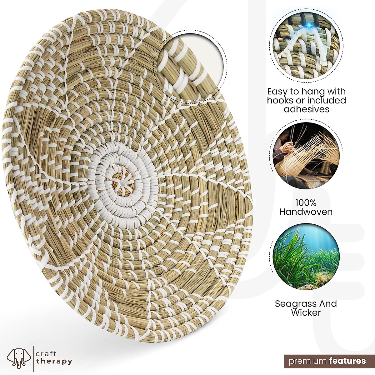 Woven Wall Basket Decor - Set of 9 Handcrafted, Decorative Hanging Wall Baskets - Craft Therapy Rattan and Seagrass Wall Basket Decor set - Ideal for your Cozy home Wall, Farmhouse, Kitchen & More