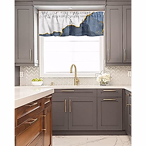 Window Curtain Valances for Kitchen Windows,Blue White Stone with Gold Stripe Rod Pocket Short Window Valance Modern Abstract Marble Agate Cafe Treatment Valance for Living Room/Bedroom,42x12in
