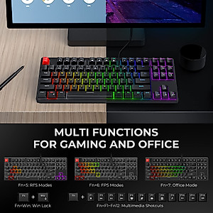 havit Mechanical Keyboard, TKL Mechanical Gaming Keyboard Wired LED Rainbow Backlit Keyboards Red Switches 80% 87 Keys Compact for PC Gaming Computer