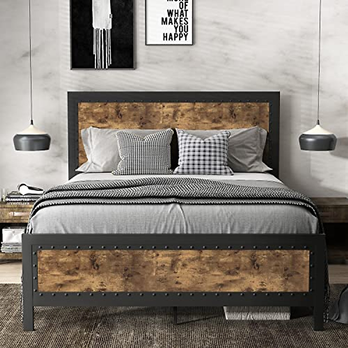 SHA CERLIN Grey Metal Bed Frame Queen/Industrial Wooden Platform Bed with Rivet Headboard/No Box Spring Needed