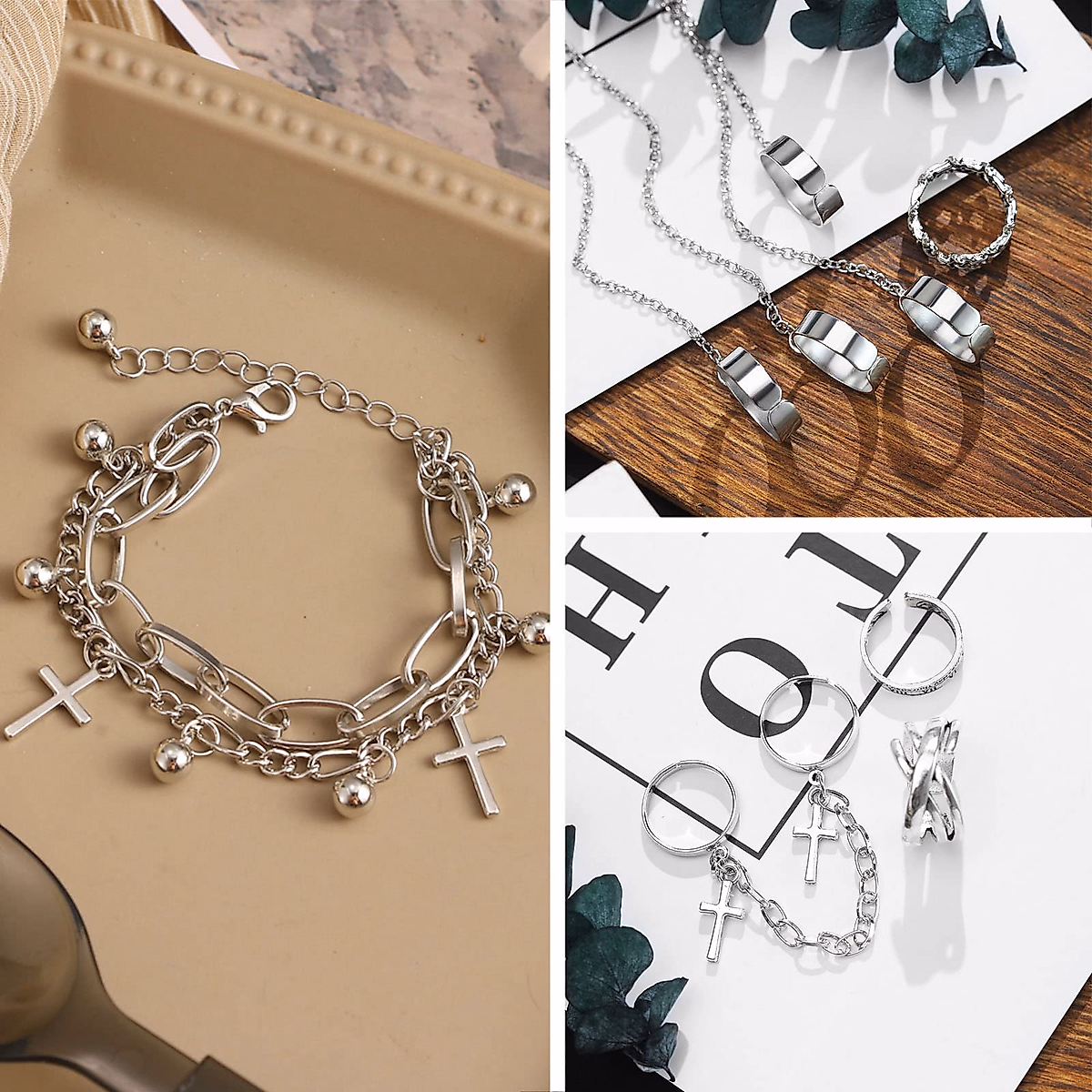 IFKM Vintage Silver Chain Finger Rings Bracelet, Gothic Punk Emo Cross Cool Simple Rings, Adjustable Statement Stackable Rings For Wen Women