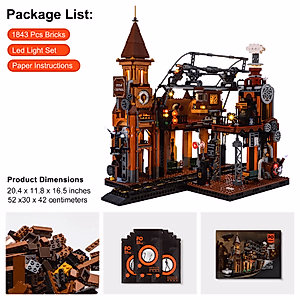 FUNWHOLE Train-Station Lighting Building Bricks Set - Steampunk LED Light Building Set 1843 Pieces for Adults and Teens