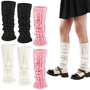 Eurzom 3 Pairs Kawaii Winter Knitted Leg Warmers Knee High Loose Socks Japanese Style Leg Warmers For Girls Women (White, Pink, Black, Wool Balls)