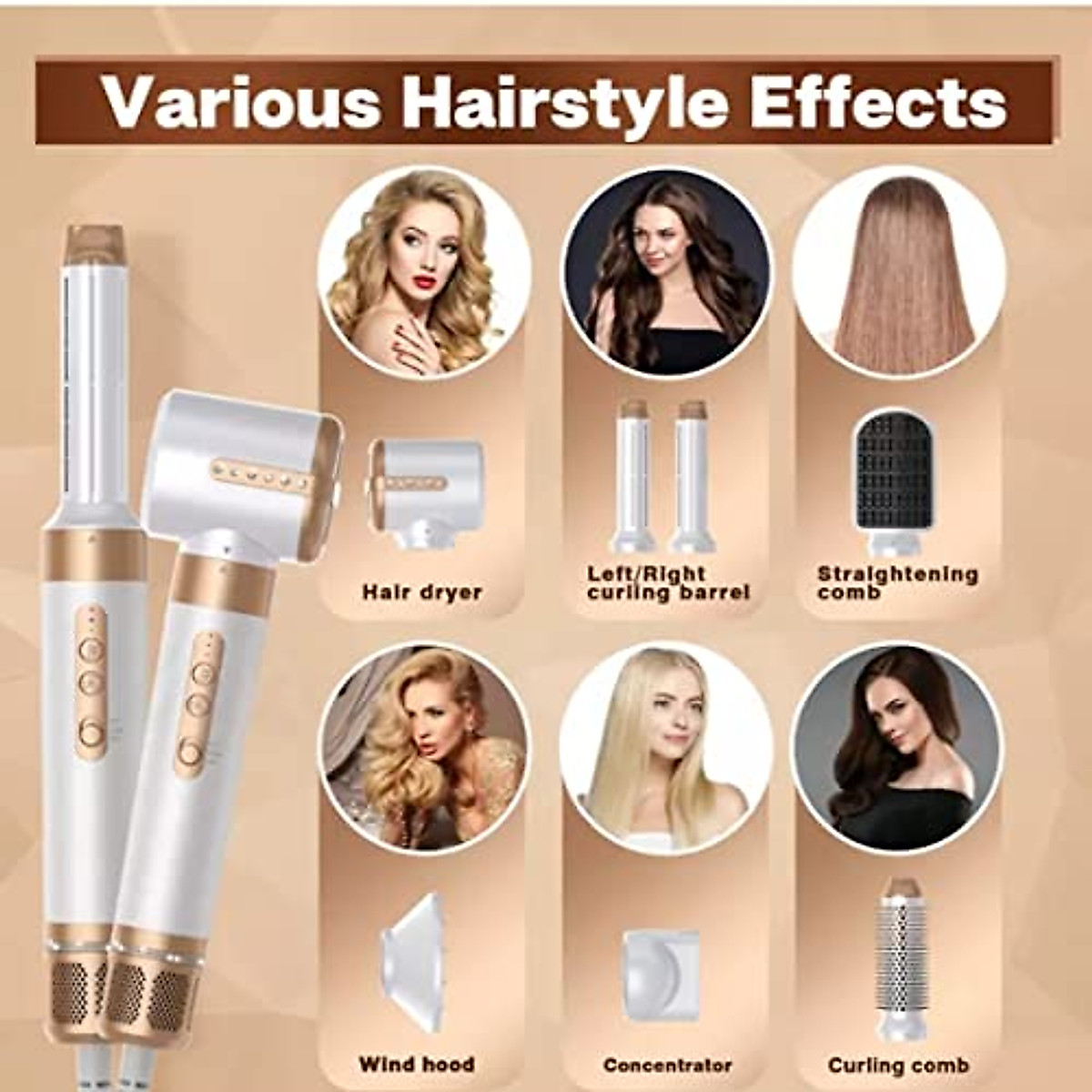 Hot Air Hair Dryer Brush, 7 in 1 Hot Air Brush Styler Dryer and Volumizer Hair dryer Left & Right Curling Barrel/Straightener/Wind hood/Concentrator/Curling Comb Hair Brush Blow Dryer for Women, White