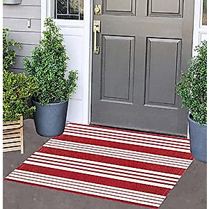 Red and White Striped Outdoor Rug 24'' x 35'' Door Mat Outdoor Machine Washable Welcome Mats Cotton Hand-Woven Entryway Rug for Front Porch/Entryway/Laundry/Bathroom/Bedroom