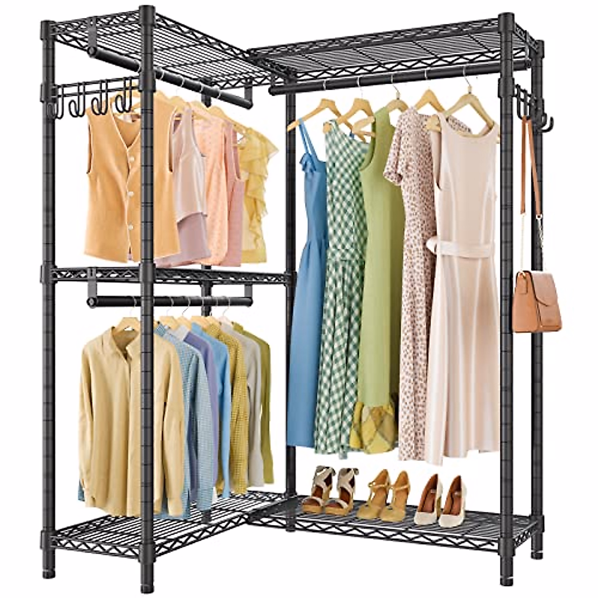VIPEK L4 Garment Rack L Shaped Clothes Rack for Corner, Freestanding Portable Wardrobe Closet Heavy Duty Clothing Rack with 3 Hanging Rods & 2 Side Hooks, 43.3"Lx29.1"Wx76.4"H, Max Load 750LBS, Black