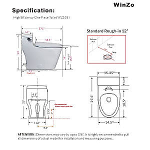 WinZo WZ5081 Elongated One Piece Toilet Low Profile, High Efficiency Side Flush 1.28 GPF with Soft Close Seat White