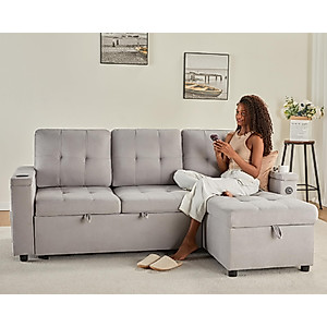 VanAcc Sofa Bed, Modern Tufted Convertible Sleeper Sofa, USB Charging Ports & Cup Holders, Pull Out Couch Bed with Storage Chaise, Chenille Couches for Living Room (Light Grey), 84in x 52in x 36in