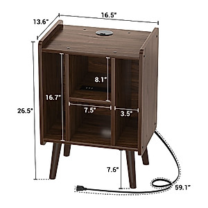 Unikito Record Player Stand, Vinyl Turntable Stand with Power Outlet and USB Charging Port, Sturdy Record Display Table with Storage, Mid Century End Table, Turntable Nightstand, Walnut
