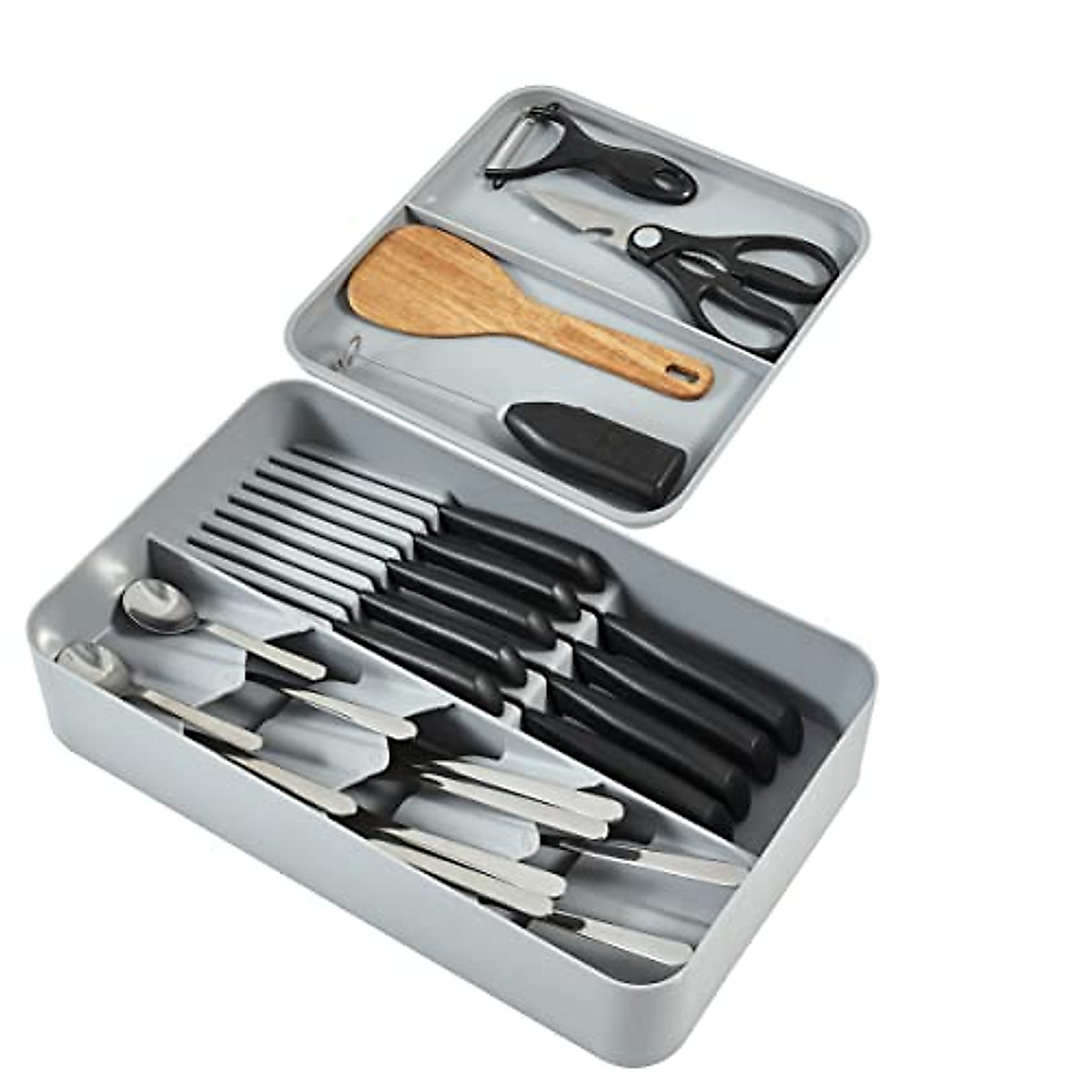 RYOOJNM Kitchen Silverware Organizer,Expandable Double Layer Knife Drawer Organizer,Compact Utensil Organizer for Partition kitchen Gadgets - Holds 9 Knives/24 Forks