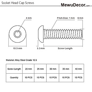 M6 x 20mm/25mm/30mm/35mm/40mm Button Head Socket Cap Screw Kit Assortment, Alloy Steel Grade 10.9, Allen Hex Drive, Fully Threaded, 50 PCS
