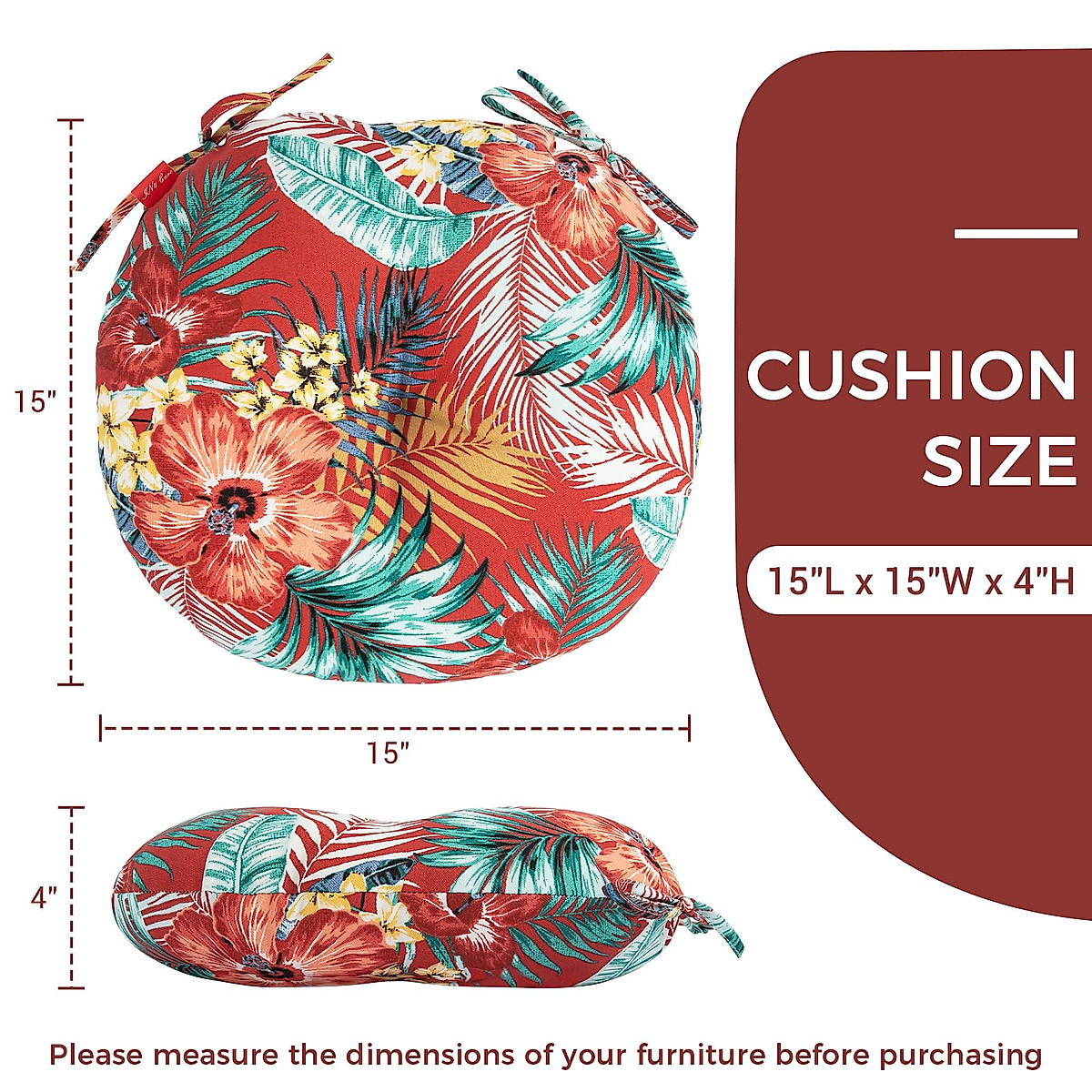 IN4 Care Outdoor Bistro Chair Cushion Set of 2, Waterproof Tufted Round Seat Cushion with Ties, 15"x15"x4" Patio Furniture Chair Pads for Home Garden Balcony Office-Chili Red Floral
