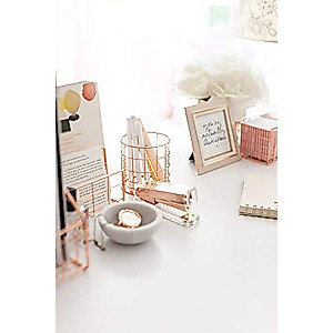 BLU MONACO Rose Gold Desk Organizer - 5 Piece Desk Accessories Set - Letter - Mail Organizer, Paper-Document Tray, Pen Cup, Magazine File Holder - Diagonal Pattern - Office Supplies Stationery Décor