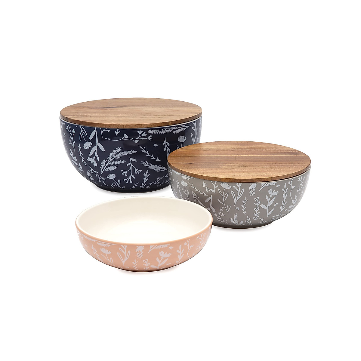Thirstystone Set of 3 Ceramic Mixing/Salad Bowls with 2 Acacia Wood Lids Attractive Floral Designs Small Medium & Large Bowls