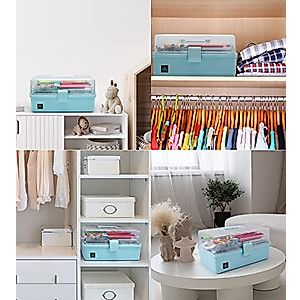 3 Layers Plastic Portable Storage Box, Multipurpose Organizer and Storage Case for Art Craft and Cosmetic, Portable Handled Storage Box for Home, School, Office, First Aids (Blue)